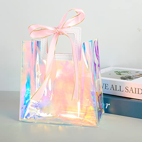 Whaline 10Pcs Clear Holographic Small Gift Bags 7.9 x 7.9 x 4 Inch Iridescent Reusable Tote PVC Handbags Waterproof Gift Wrap Shopping Bags for Holiday Wedding Birthday Baby Shower Party Supplies