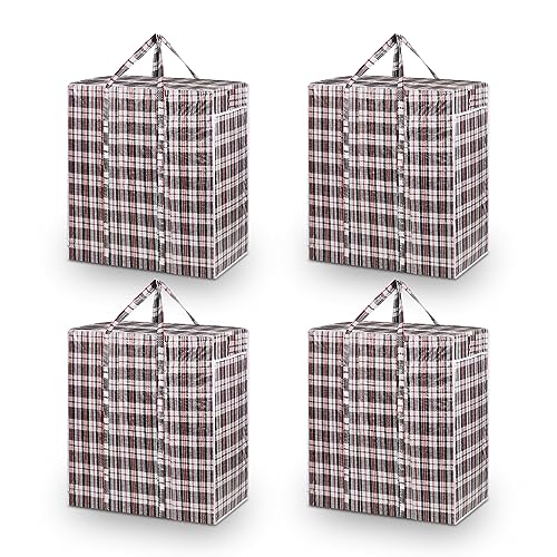 4 Pack Extra Large Durable Storage Tote Bag for Clothes with Strong Handle and Zipper, Sturdy and Water Resistant, Alternative to Moving Boxes, Packing Supplies, Checkered Moving and Organizer Bag