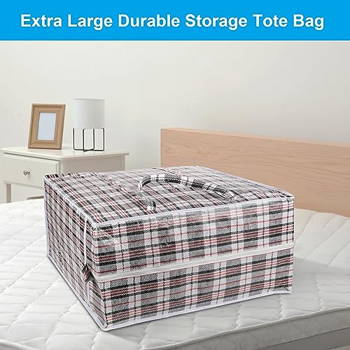 4 Pack Extra Large Durable Storage Tote Bag for Clothes with Strong Handle and Zipper, Sturdy and Water Resistant, Alternative to Moving Boxes, Packing Supplies, Checkered Moving and Organizer Bag