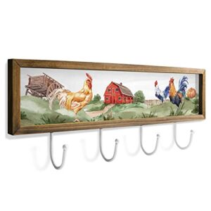 knot and style rooster decor wall art - chicken kitchen decor (4 x towel/coat/key hooks) made from wood 3.5 x 16.9 & wall mounting screws country kitchen decor - rooster kitchen decorations