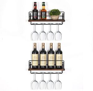 soduku wall mounted wine rack wood rustic wine bottle glass floating shelves with stemware hanger modern wine display storage holder for kitchen dining room bar wall décor sef of 2