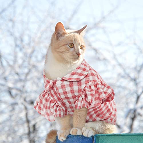 Yagamii Cotton Cat Clothes White and Red Plaid Cat Shirt with Cute Sleeves Dog Pet Apparel Kitten T-Shirt Breathable Pet Clothes Outfit Cat Costume for Kitty Small Dogs Puppy