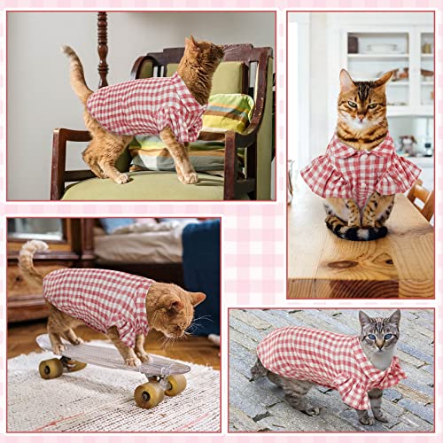 Yagamii Cotton Cat Clothes White and Red Plaid Cat Shirt with Cute Sleeves Dog Pet Apparel Kitten T-Shirt Breathable Pet Clothes Outfit Cat Costume for Kitty Small Dogs Puppy