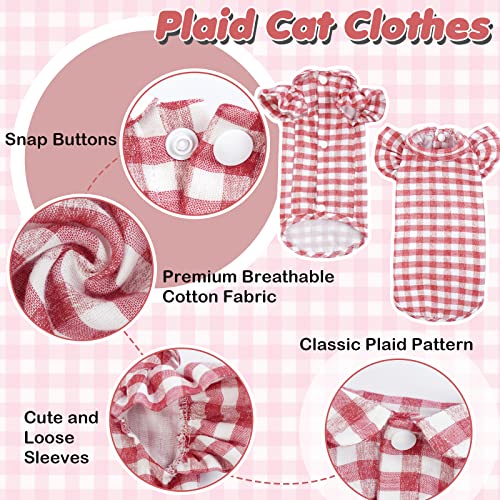 Yagamii Cotton Cat Clothes White and Red Plaid Cat Shirt with Cute Sleeves Dog Pet Apparel Kitten T-Shirt Breathable Pet Clothes Outfit Cat Costume for Kitty Small Dogs Puppy