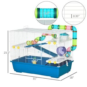 PawHut 31" Extra Large Hamster Cage with Tubes and Tunnels, 4 Tier Small Animal Cage with Portable Carry Handles, Rat Gerbil Cage with Water Bottle, Food Dish, Exercise Wheel