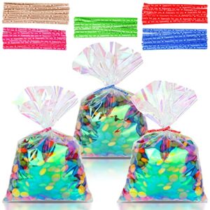 120pcs cellophane treat bags, iridescent holographic cellophane bags 6x9 inch, qpout iridescent holographic cellophane goodie candy cookie bags, iridescent holographic cellophane party favor treat bag