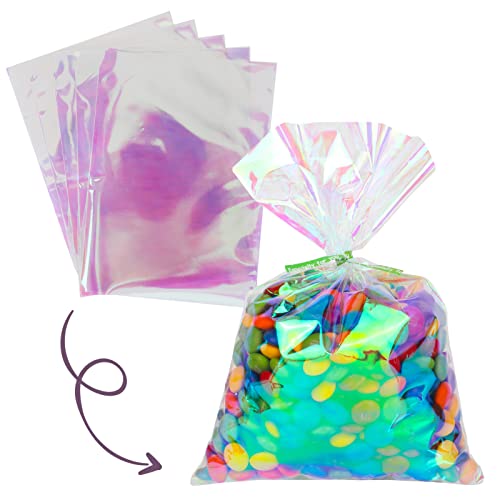 120pcs Cellophane Treat Bags, Iridescent Holographic Cellophane Bags 6x9 inch, Qpout Iridescent Holographic Cellophane Goodie Candy Cookie Bags, Iridescent Holographic Cellophane Party Favor Treat Bag