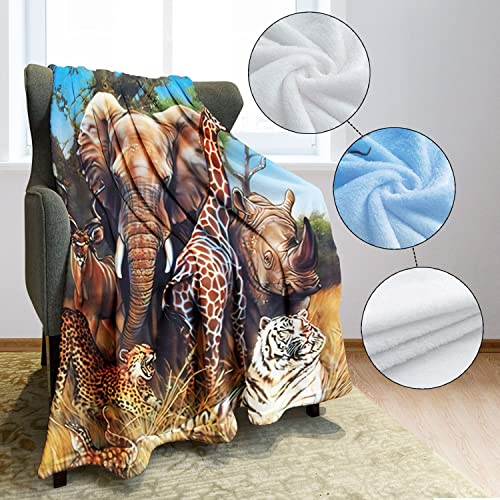 YISUMEI African Safari Animal Blanket, Savanna Deer Elephant Giraffe Rhinoceros Lizard Tiger Leopard, Wildlife Theme Indoor and Outdoor Universal, 50"x60"