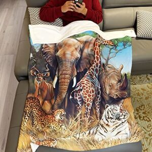 YISUMEI African Safari Animal Blanket, Savanna Deer Elephant Giraffe Rhinoceros Lizard Tiger Leopard, Wildlife Theme Indoor and Outdoor Universal, 50"x60"