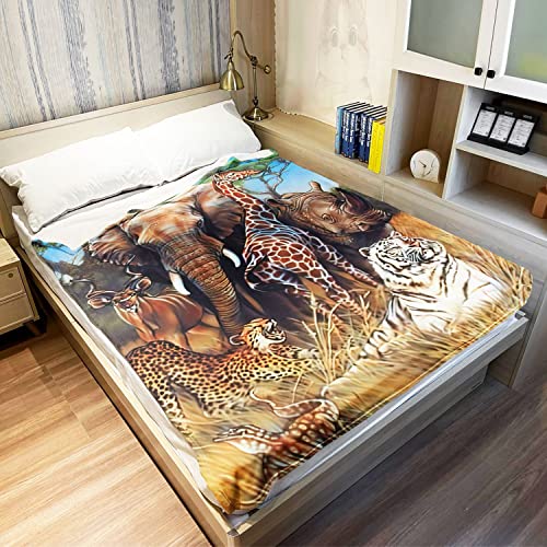 YISUMEI African Safari Animal Blanket, Savanna Deer Elephant Giraffe Rhinoceros Lizard Tiger Leopard, Wildlife Theme Indoor and Outdoor Universal, 50"x60"