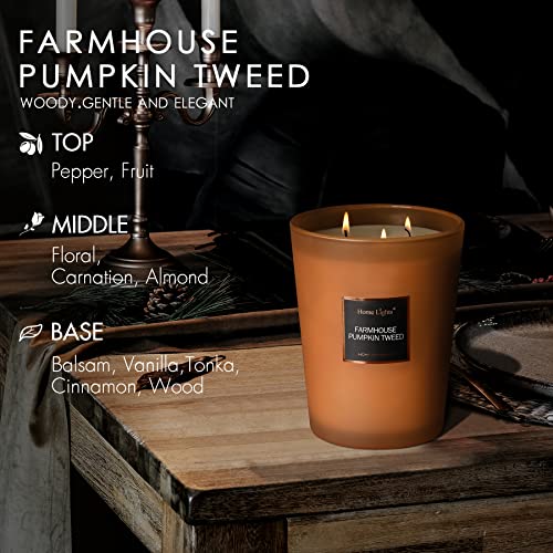 HomeLights Highly Scented Candles, Big 33.3 oz for Home, Natural Soy Aromatherapy Candles, Smokeless Long Lasting 130 hrs with 3 Cotton Wicks, Candles Gifts for Women & Men - Farmhouse Pumpkin Tweed