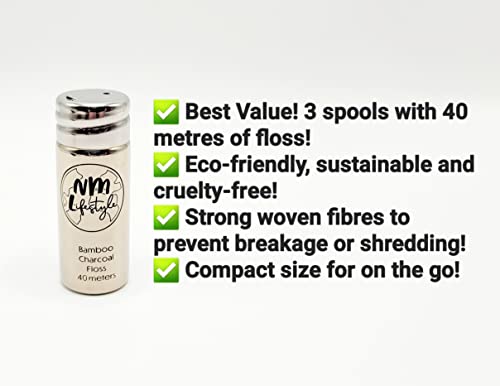 NMLifestyle Refillable, Eco-Friendly, Vegan Bamboo Charcoal Dental Floss (3x40 metres) Cruelty-Free, Natural, Waxed Peppermint Floss