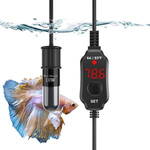 silicar mini aquarium heater, 10w fish tank heater with built-in thermometer, led display, external temperature controller, submersible turtle tank heater for 0.5-1 gallon