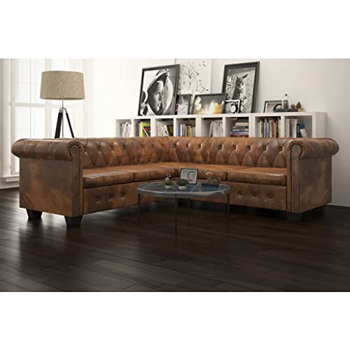 FAMIROSA Chesterfield Corner Sofa, L Shape 5-Seater Sectional Sofa Faux Leather with Cushions for Living Room Home Office Furniture Brown