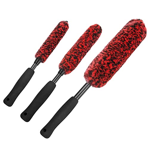 Carsgood Car Wool Wheel Brushes for Cleaning Wheels Set (3 Pack), Metal-Free Tire Brushes Kit, Soft Wheel Brushes for Cleaning Tires and Rims