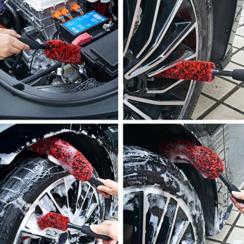 Carsgood Car Wool Wheel Brushes for Cleaning Wheels Set (3 Pack), Metal-Free Tire Brushes Kit, Soft Wheel Brushes for Cleaning Tires and Rims