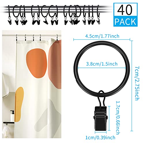 Skycase 40 Pack Curtain Rings,Metal Curtain Ring with Clips,Decorative Drapery 1.5 inch Interior Diameter Curtain Rod Clips Hangers for Bathroom, Living and Guest Room,Black