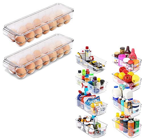 Utopia Home Organizers Set (10 Pack) - Pack of 8 Organizer Bins & Pack of 2 Egg Tray - Clear Plastic Pantry Storage Racks for Freezer, Kitchen Countertops & Cabinets - Refrigerator/Pantry Organizers