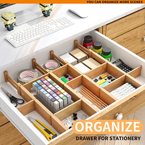 GHWIE Bamboo Drawer Dividers with Inserts, Kitchen Adjustable Drawer Organizers, Expandable Organization for Home, Office, Dressers and Bathroom,8 Dividers with 16 Inserts