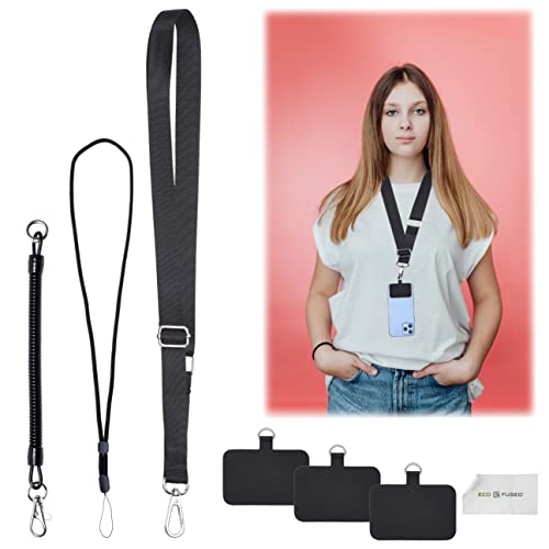 Eco-Fused Phone Straps - 3X Adjustable Neck, Wrist Strap and Stretchy Tether with Phone Pads - Universal Lanyards Holds All Smartphones with Full Coverage Cases