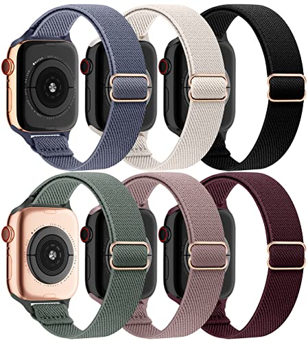 EOMTAM 6 Pack Slim Stretchy Compatible for Apple Watch Band 38mm 40mm 41mm 42mm 44mm 45mm Women,Lady Nylon Thin Elastics Wristbands Solo Loop Straps for iWatch Series 8 7 6 SE 5 4 3(38,C1)