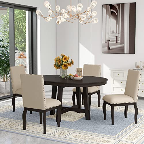 Knocbel Farmhouse Extendable Dining Table and Chairs, 5-Piece Kitchen Dining Room Table Set with Nailhead Trim Upholstered Dining Chairs, Standard Height, Espresso Table Set