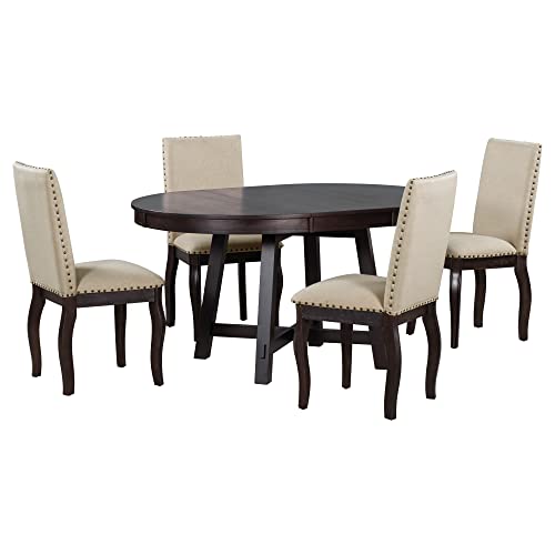 Knocbel Farmhouse Extendable Dining Table and Chairs, 5-Piece Kitchen Dining Room Table Set with Nailhead Trim Upholstered Dining Chairs, Standard Height, Espresso Table Set