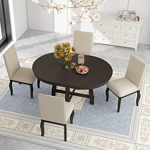 Knocbel Farmhouse Extendable Dining Table and Chairs, 5-Piece Kitchen Dining Room Table Set with Nailhead Trim Upholstered Dining Chairs, Standard Height, Espresso Table Set