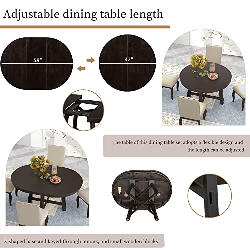 Knocbel Farmhouse Extendable Dining Table and Chairs, 5-Piece Kitchen Dining Room Table Set with Nailhead Trim Upholstered Dining Chairs, Standard Height, Espresso Table Set