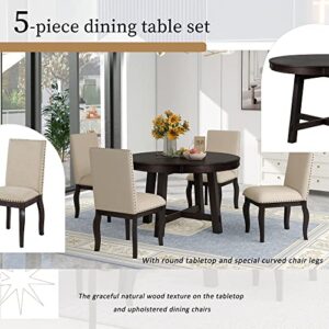 Knocbel Farmhouse Extendable Dining Table and Chairs, 5-Piece Kitchen Dining Room Table Set with Nailhead Trim Upholstered Dining Chairs, Standard Height, Espresso Table Set