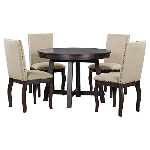 Knocbel Farmhouse Extendable Dining Table and Chairs, 5-Piece Kitchen Dining Room Table Set with Nailhead Trim Upholstered Dining Chairs, Standard Height, Espresso Table Set