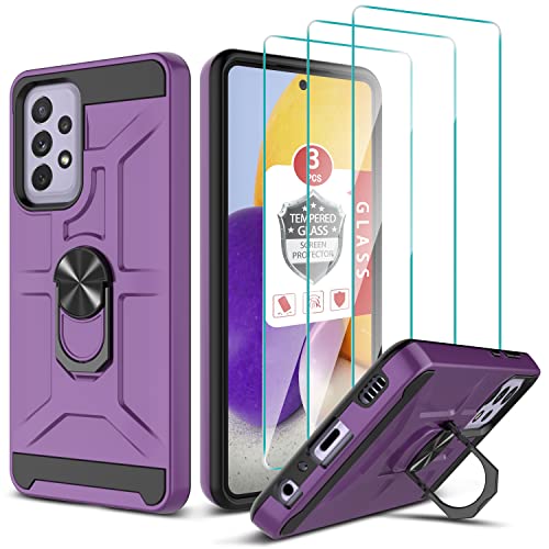 Samsung Galaxy A52S Case, Galaxy A52 4G/5G Case with 3X Tempered Glass Screen Protector, Built-in Ring Kickstand and Magnetic Car Mount Shockproof Dropproof Military Grade Armor Rugged Case, Purple