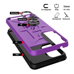 Samsung Galaxy A52S Case, Galaxy A52 4G/5G Case with 3X Tempered Glass Screen Protector, Built-in Ring Kickstand and Magnetic Car Mount Shockproof Dropproof Military Grade Armor Rugged Case, Purple