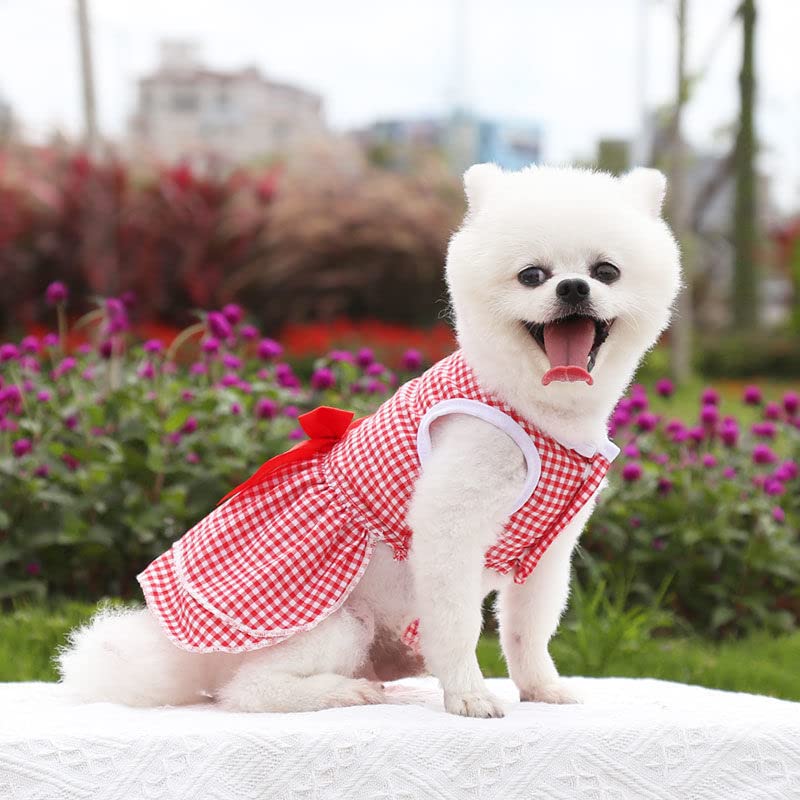 Dog Girl Plaid Princess Dress with Bowknot + Dog Leash for Wedding Party Summer Beach,Puppy Sleeveless Cool Breathable Apparel Party Outfit Red