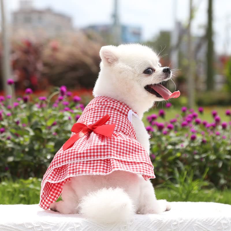 Dog Girl Plaid Princess Dress with Bowknot + Dog Leash for Wedding Party Summer Beach,Puppy Sleeveless Cool Breathable Apparel Party Outfit Red