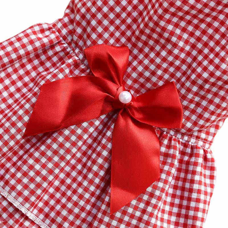 Dog Girl Plaid Princess Dress with Bowknot + Dog Leash for Wedding Party Summer Beach,Puppy Sleeveless Cool Breathable Apparel Party Outfit Red