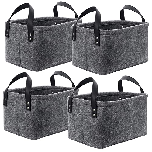 BESETFREE 4 Pack Felt Fabric Storage Basket, 8x13x9" Foldable Felt Storage Bin with Leather Handles, Open Storage Bins for Shelves, Magazine, Toys, Clothing