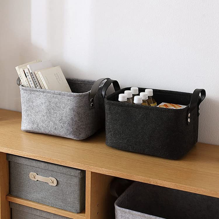 BESETFREE 4 Pack Felt Fabric Storage Basket, 8x13x9" Foldable Felt Storage Bin with Leather Handles, Open Storage Bins for Shelves, Magazine, Toys, Clothing