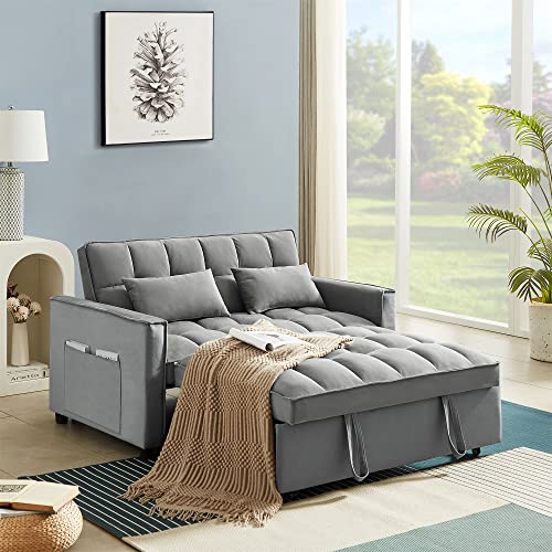 Holaki Convertible Velvet Sleeper Sofa Bed, 55.2" Velvet Loveseat Sofa Modern Pull Out Sofa Bed Lounge Chaise Armchair with Adjustable Backrest,2 Lumbar Pillows,Small Couch for Home Office,Grey