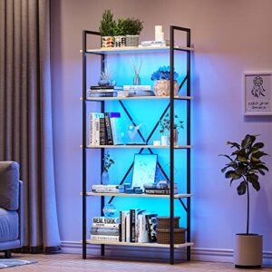 hnebc 5 tier led bookshelf,modern bookcase open storage shelving with smart sensing 3 colors led strip,industrial style tall bookshelf floating shelves/bookcases for room living room office(wood)