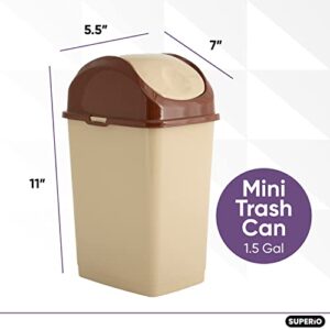 Superio Mini Plastic Trash Can with Swing Top Lid 1.25 Gallon Compact Small Waste Bin Portable Garbage Can for Countertop, Desktop, Make up Vanity, Bathroom, Car, Under Sink, Dorm, 5 Quart (Beige/Brown, 3)