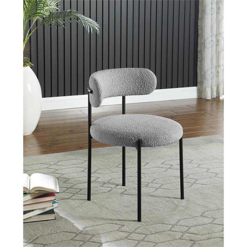 Meridian Furniture Beacon Collection Modern | Contemporary Boucle Fabric Upholstered Dining Chair with Matte Black Metal Frame, Set of 2, 22" W x 21" D x 30" H, Grey