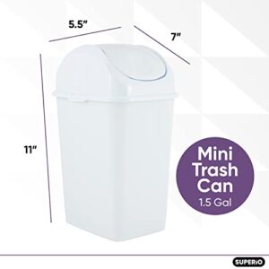 Superio Mini Plastic Trash Can with Swing Top Lid 1.25 Gallon Compact Small Waste Bin Portable Garbage Can for Countertop, Desktop, Make up Vanity, Bathroom, Car, Under Sink, Dorm, 5 Quart (White, 3)