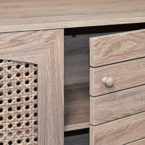 DG Casa Sorico Coastal Living Room Entryway Table with Rattan Style Doors Kitchen Sideboard Buffet Storage Cabinet, Adjustable Shelf, Oak, 63"