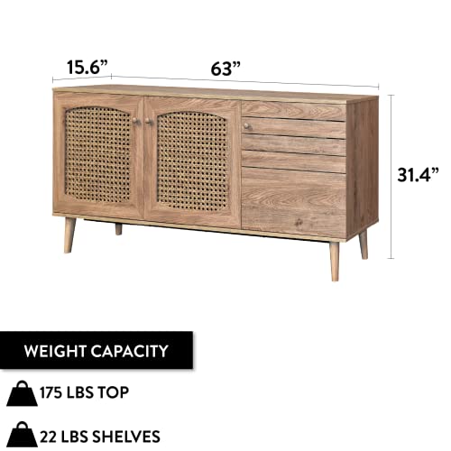 DG Casa Sorico Coastal Living Room Entryway Table with Rattan Style Doors Kitchen Sideboard Buffet Storage Cabinet, Adjustable Shelf, Oak, 63"