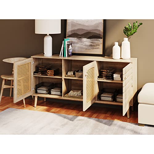 DG Casa Sorico Coastal Living Room Entryway Table with Rattan Style Doors Kitchen Sideboard Buffet Storage Cabinet, Adjustable Shelf, Oak, 63"