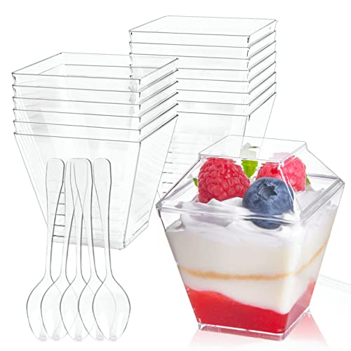 Qeirudu 100 Pack 2 oz Plastic Dessert Cups with Lids and Spoons - Mini Shooter Cups for Desserts Small Square Serving Cups for Party Individual Banana Pudding Appetizers Parfait