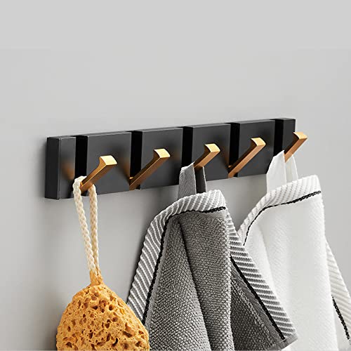 Spotact Wall Mounted Coat Rack Black Gold Metal 70 Degree Towel Hanger Hanging Clothes with 5 Hooks for Entryway Bathroom Bedroom Kitchen (T1 5 Hooks, Black Gold)