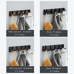 Spotact Wall Mounted Coat Rack Black Gold Metal 70 Degree Towel Hanger Hanging Clothes with 5 Hooks for Entryway Bathroom Bedroom Kitchen (T1 5 Hooks, Black Gold)