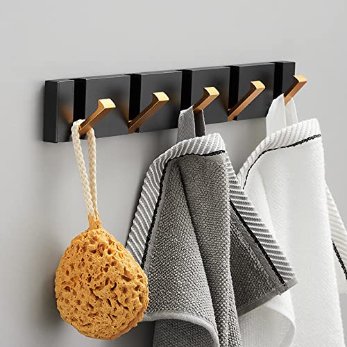 Spotact Wall Mounted Coat Rack Black Gold Metal 70 Degree Towel Hanger Hanging Clothes with 5 Hooks for Entryway Bathroom Bedroom Kitchen (T1 5 Hooks, Black Gold)